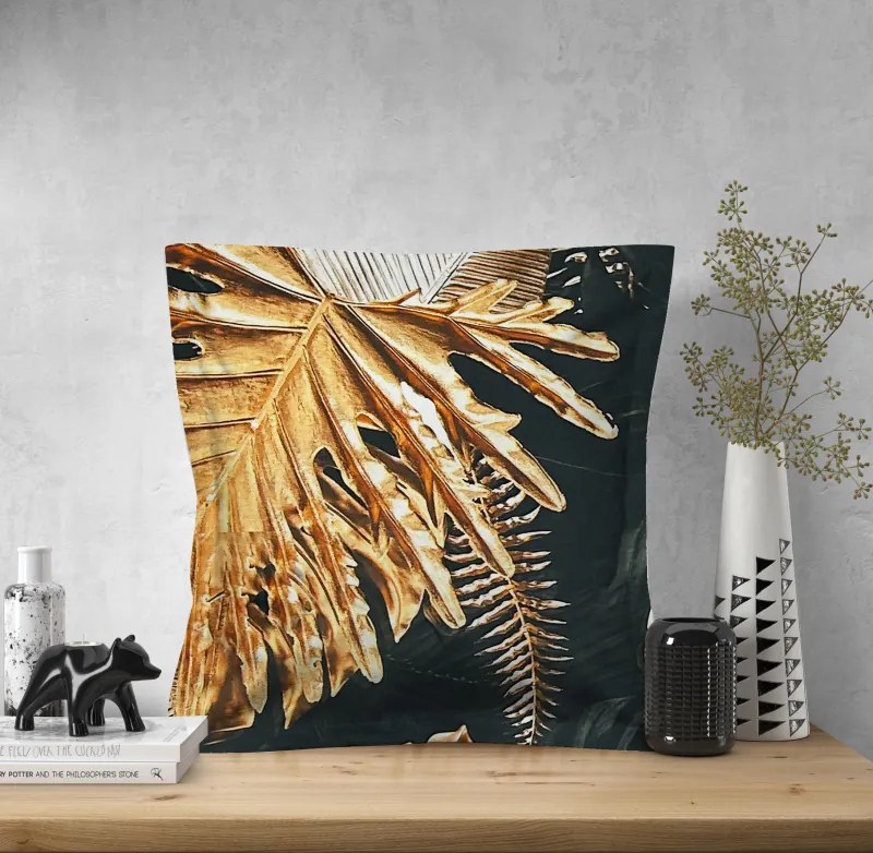 Ervi Saténový povlak na polštář s lemem DELUXE - Monstera na černém, různé rozměry