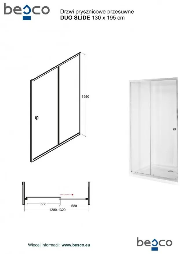 BESCO Sprchové dveře DUO SLIDE BARVA rámu - Chrom/Leštěný hliník (ALU), Rozměr A - 130 cm, Rozměr C - 195 cm, Směr zavírání - Univerzální Levé / Pravé, Výplň - Čiré bezpečnostní sklo - 6 mm BCDUOSL13CC