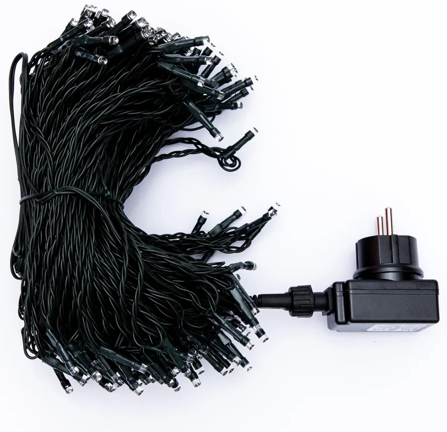 LED světelný řetěz, venkovní, 40 m, ledově bílá, 200 diod, černý kabel, IP44, vč. zdroje