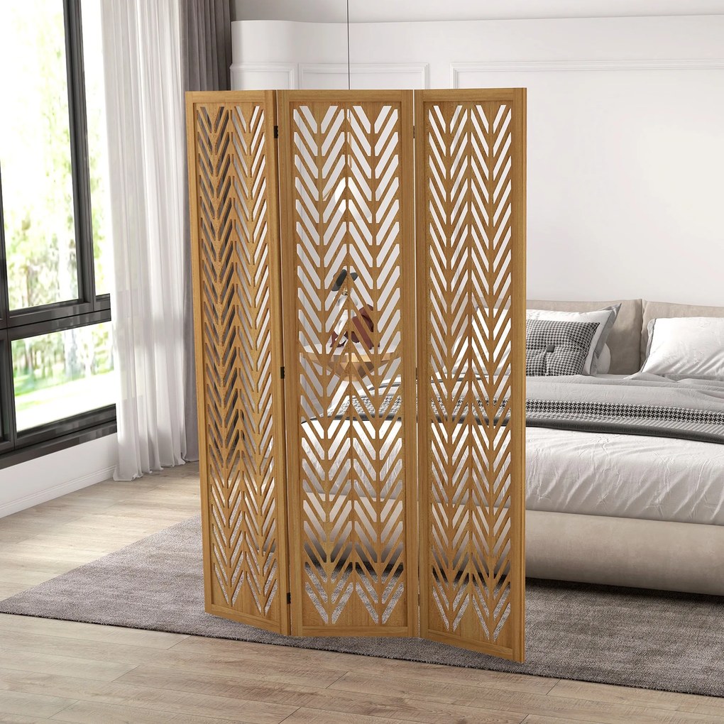 HOMCOM Skládací Paraván se 3 Panely 120x1.7x170 cm Přírodní Dřevo s Geometrickým Vzorem pro Kancelář a Ložnici