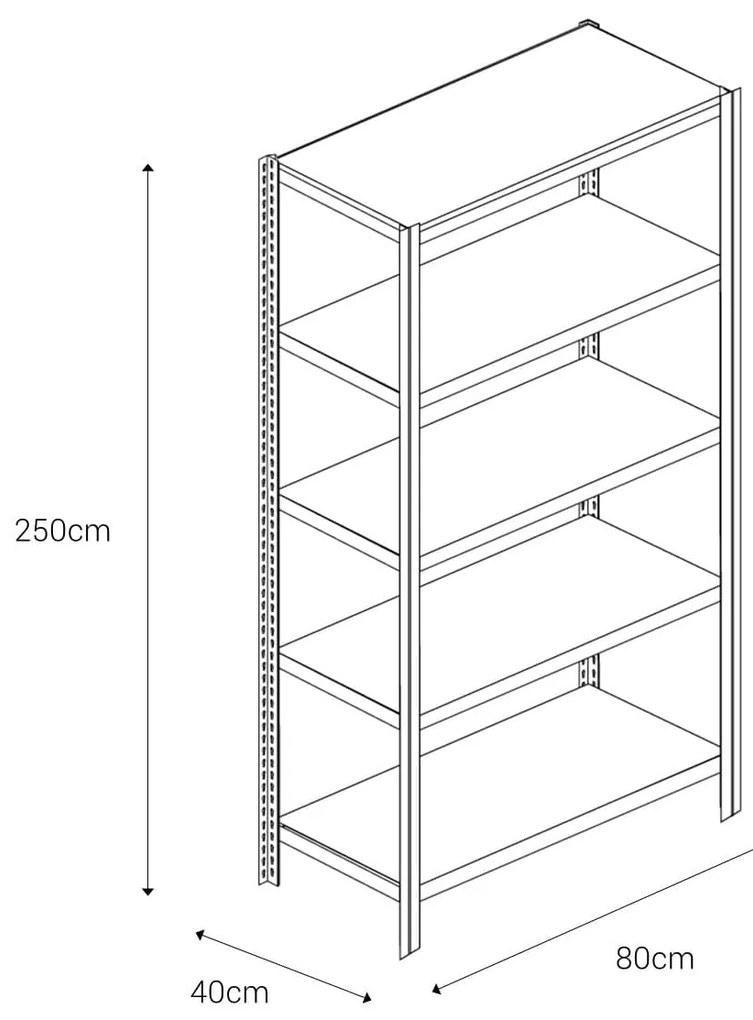 Bezšroubové kovové regál 250x80x40cm T profil, 5 polic