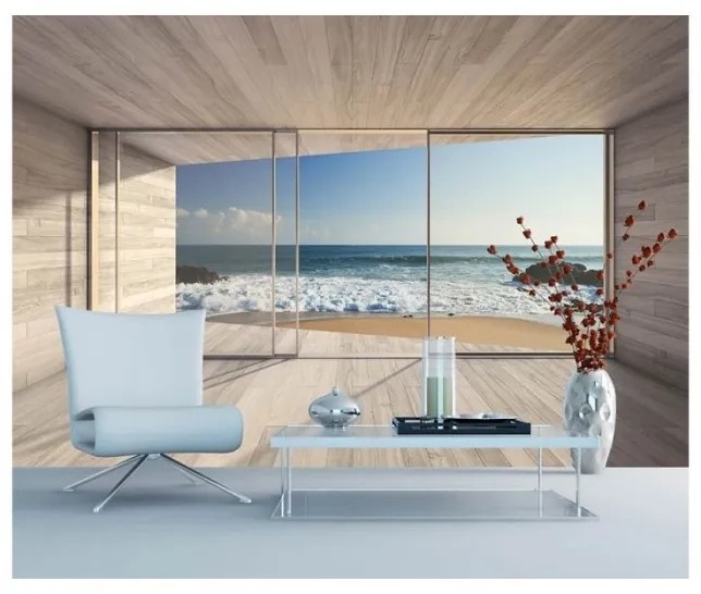 DIMEX | Samolepicí vliesová fototapeta na zeď Okno na pláž MA-5-0042 | 375 x 250 cm | modrá, bílá, béžová