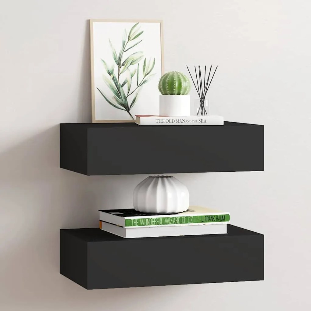 Nástěnné police se zásuvkou 2 ks černé 40 x 23,5 x 10 cm MDF 330244