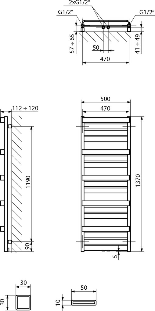 Sapho Marilena otopné těleso 1370 x 500 mm středové připojení černá mat MR137B