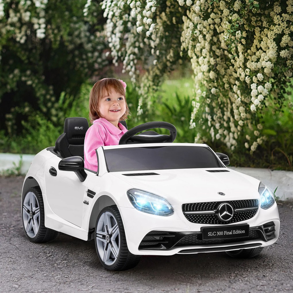 Dětské elektrické auto AIYAPLAY Mercedes SLC 300 s 12V baterií pro děti od 3 let s dálkovým ovládáním, LED světly, klaksonem a hudbou - Bílá
