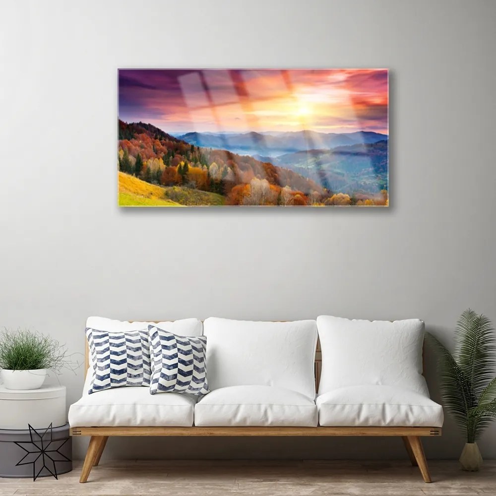 akrylový obraz Hora Les Slunce Krajina 100x50 cm