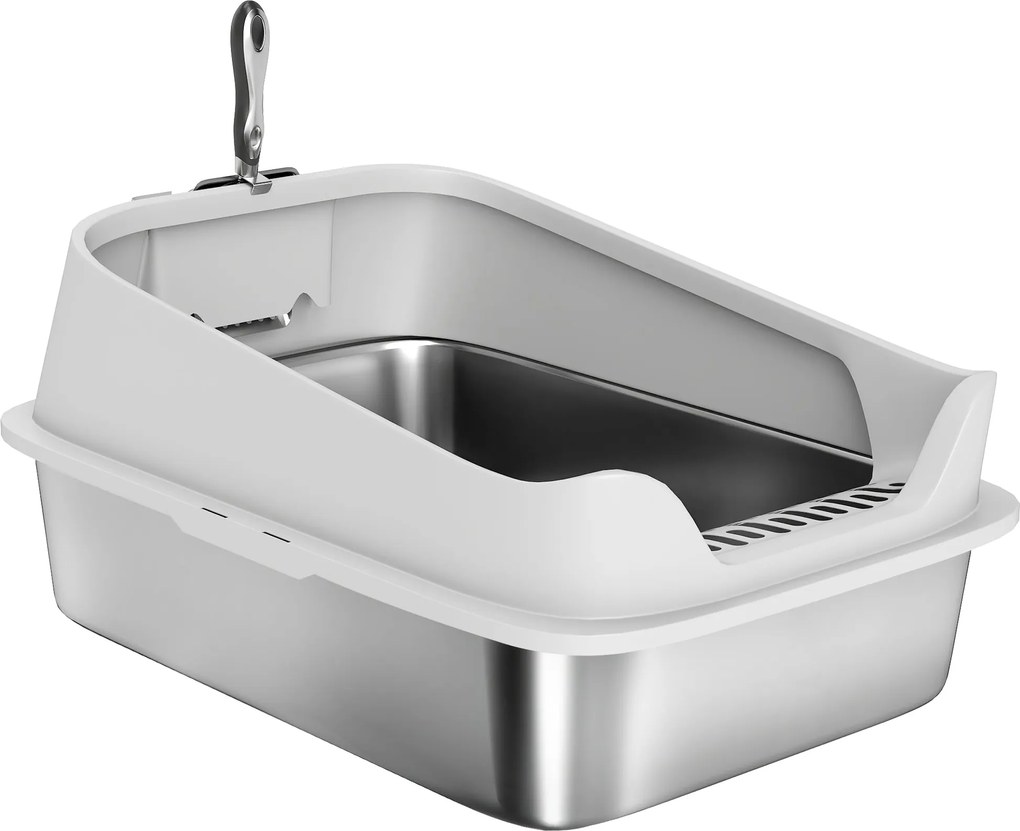PawHut nerezový otevřený záchod pro kočky – XXL s vysokým okrajem a lopatkou pro velké kočky do 7 kg | 60,2 × 40,2 × 29,7 cm (šedá) | Aosom