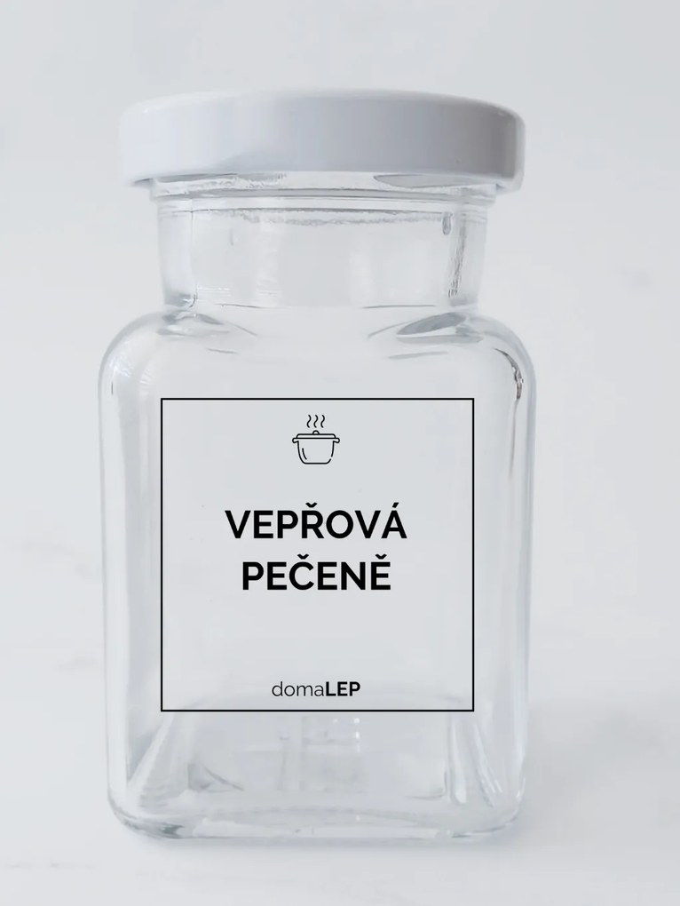 Samolepka na kořenky VEPŘOVÁ PEČENÉ průhledná 5 × 5 cm tučné písmo