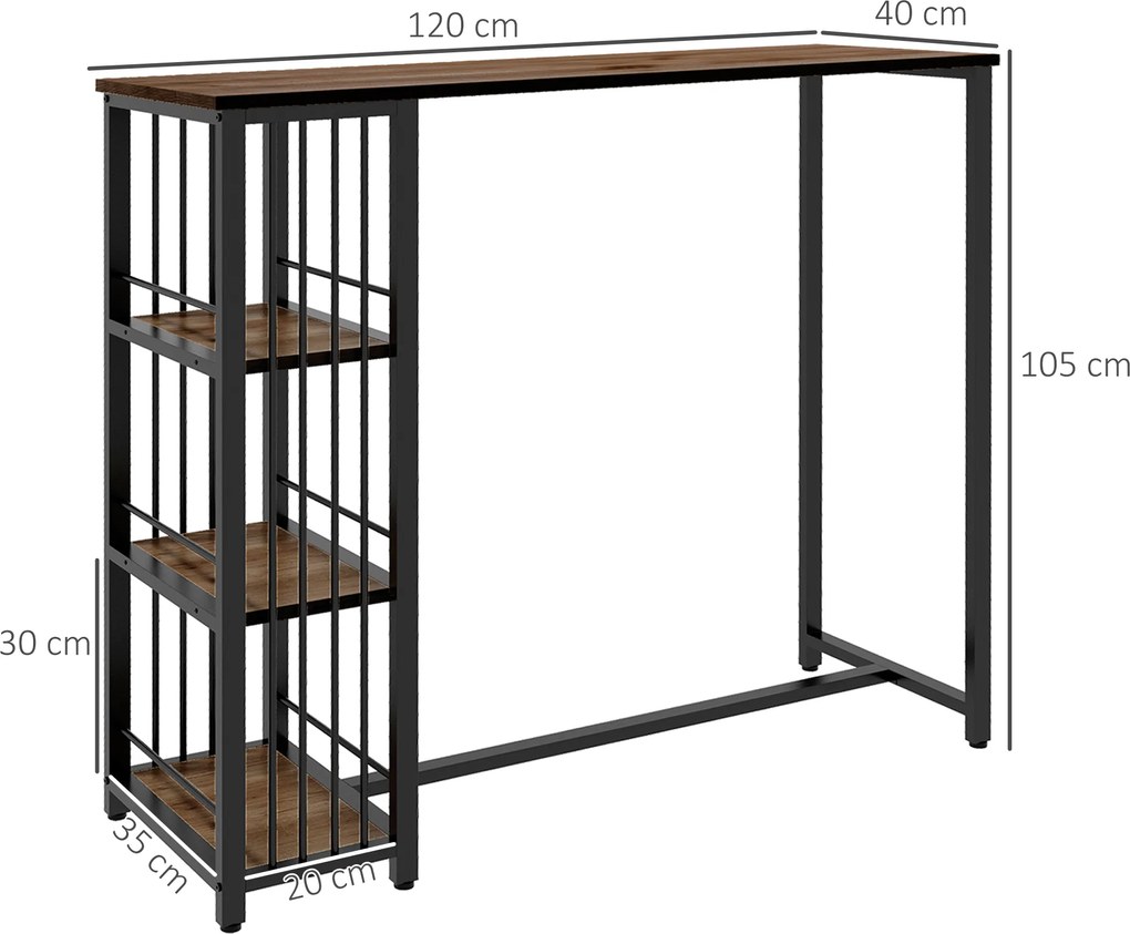 HOMCOM Kuchyňský barový stůl se 3 policemi, industriální design, vzhled dřeva, ocelový rám, 20 x 40 x 105 cm, černá a hnědá | Aosom.de