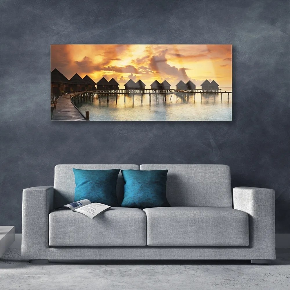 akrylový obraz Moře Prázdniny Domky 125x50 cm