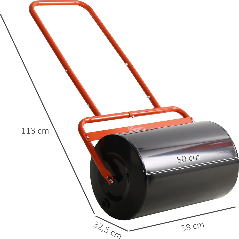 Válec na trávník Outsunny 50 cm široký, zahradní válec plnitelný 38 l vody/ 62 kg písku, ruční válec s rukojetí ve tvaru U, ocelový válec na trávník,…