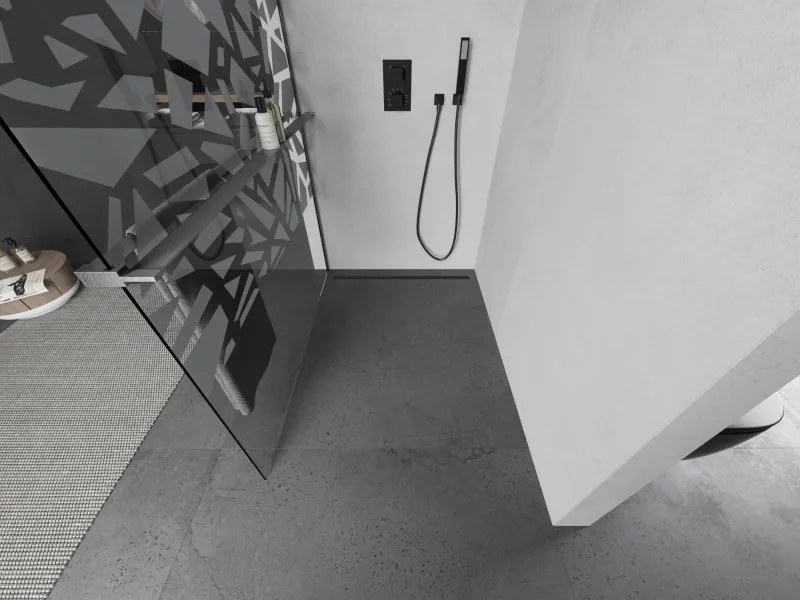 Mexen Kioto+ L, sprchová zástěna Walk-In s poličkou a věšákem 80 x 200 cm, 8mm čiré sklo bílý vzor, ​​grafitový profil, 800-080-123-66-85