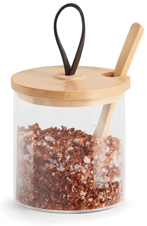 Zeller Present Skleněná dóza s bambusovým víčkem, koženým poutkem, lžičkou, 320ml cukřenka LATTE