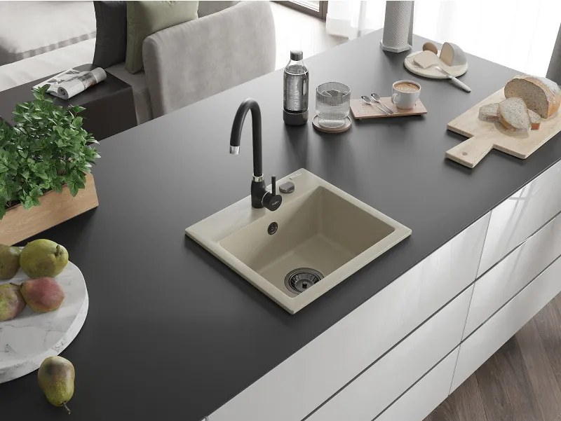 Mexen Milo, granitový dřez 435x410x171 mm, 1-komorový, béžová s černým sifonem, 6505441000-69-B