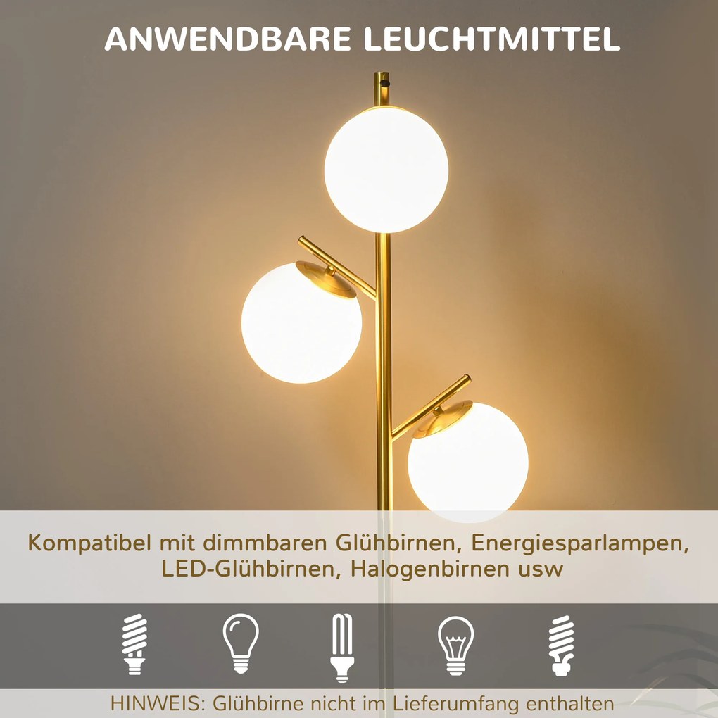 HOMCOM Stojací lampa v retro designu, stojací lampa, stojací lampa s 3 stínidly, sklo, zlatá