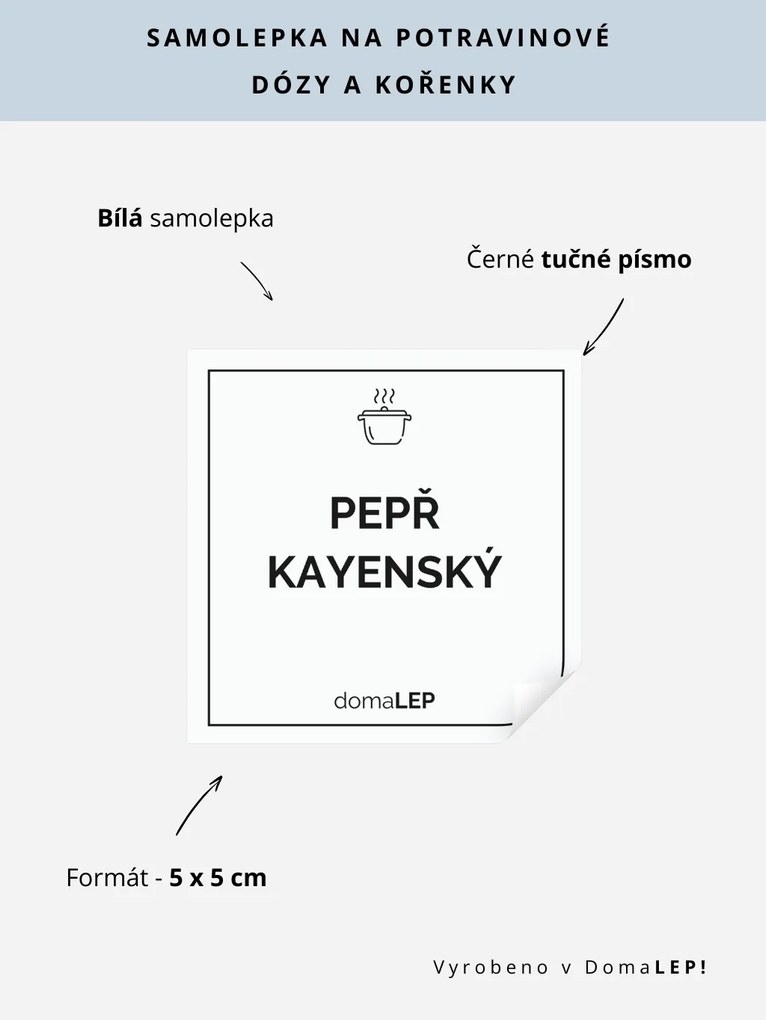 Samolepka na kořenky PEPŘ KAYENSKÝ bílá 5 × 5 cm tučné písmo