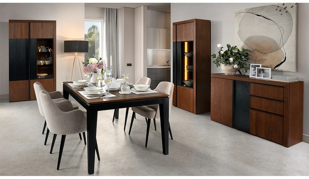 Komoda Paris II 46 130 cm z masivu s LED osvětlením dub antický/černá