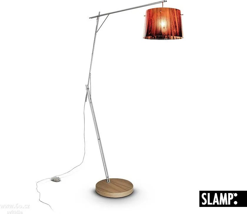 Slamp Woody, designová stojací lampa s oranžovo-černým stínítkem v dekoru dřeva se stínítkem, 1x100W, výška max 230cm