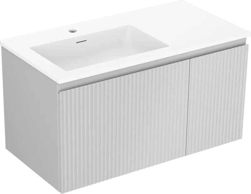 Mexen Rivel, koupelnová skříňka 90 cm s umyvadlem Otis vlevo, 1S, 1D, drážkovaná, šedá matná/bílá matná - 91A23-09047-3-BBFF62-W18L01