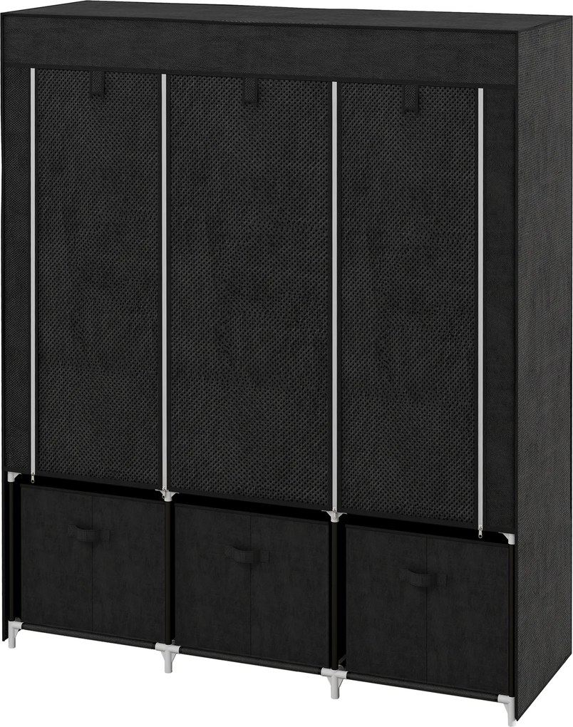 HOMCOM Textilní Skříň s Oblečovým Rálem, Zásuvkami a Zipem, Skládací Skříň pro Ložnici a Šatnu, 125 x 43 x 162,5 cm, Černá