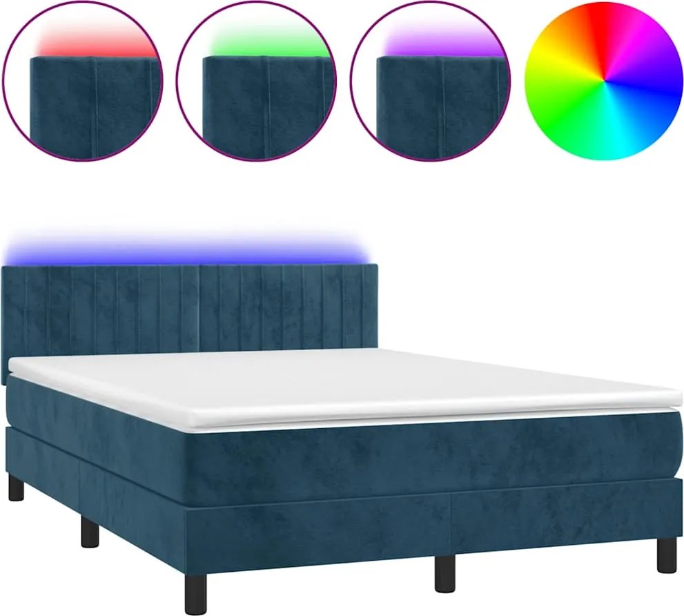 Box spring postel s matrací a LED tmavě modrá 140x200 cm samet 3134529