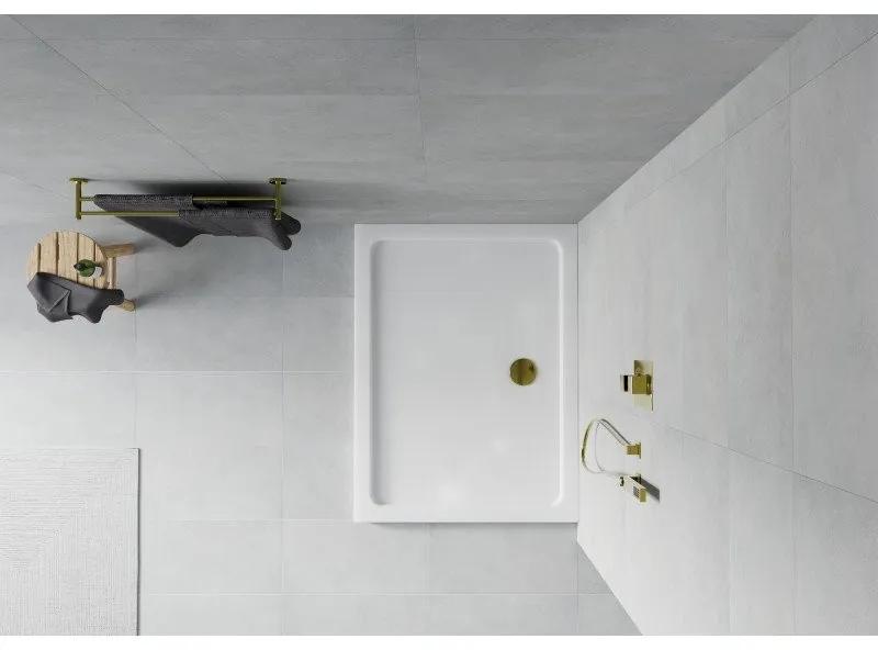 Obdélníková sprchová vanička MEXEN FLAT SLIM 130x100 cm bílá + zlatý sifon
