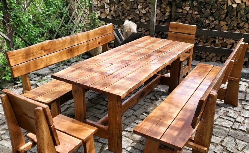 KULHÁNEK Zahradní dubová sestava - stůl, 2x lavice s opěradlem, 2x židle (rustikální provedení) Délka: 150 cm, Odstín nátěru: lazura - pinia