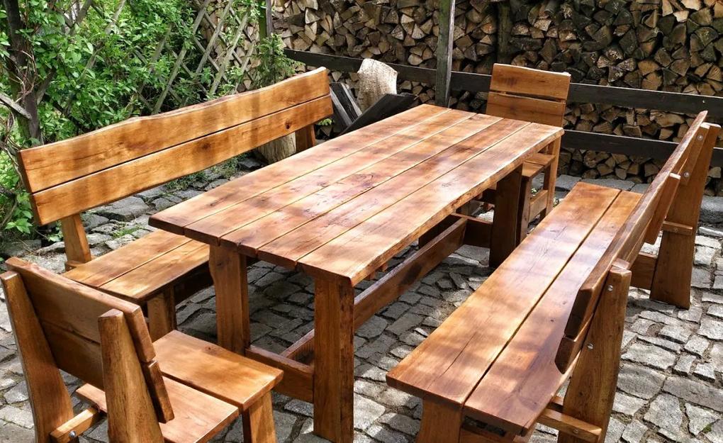 KULHÁNEK Zahradní dubová sestava - stůl, 2x lavice s opěradlem, 2x židle (rustikální provedení) Délka: 160 cm, Odstín nátěru: olej - teak