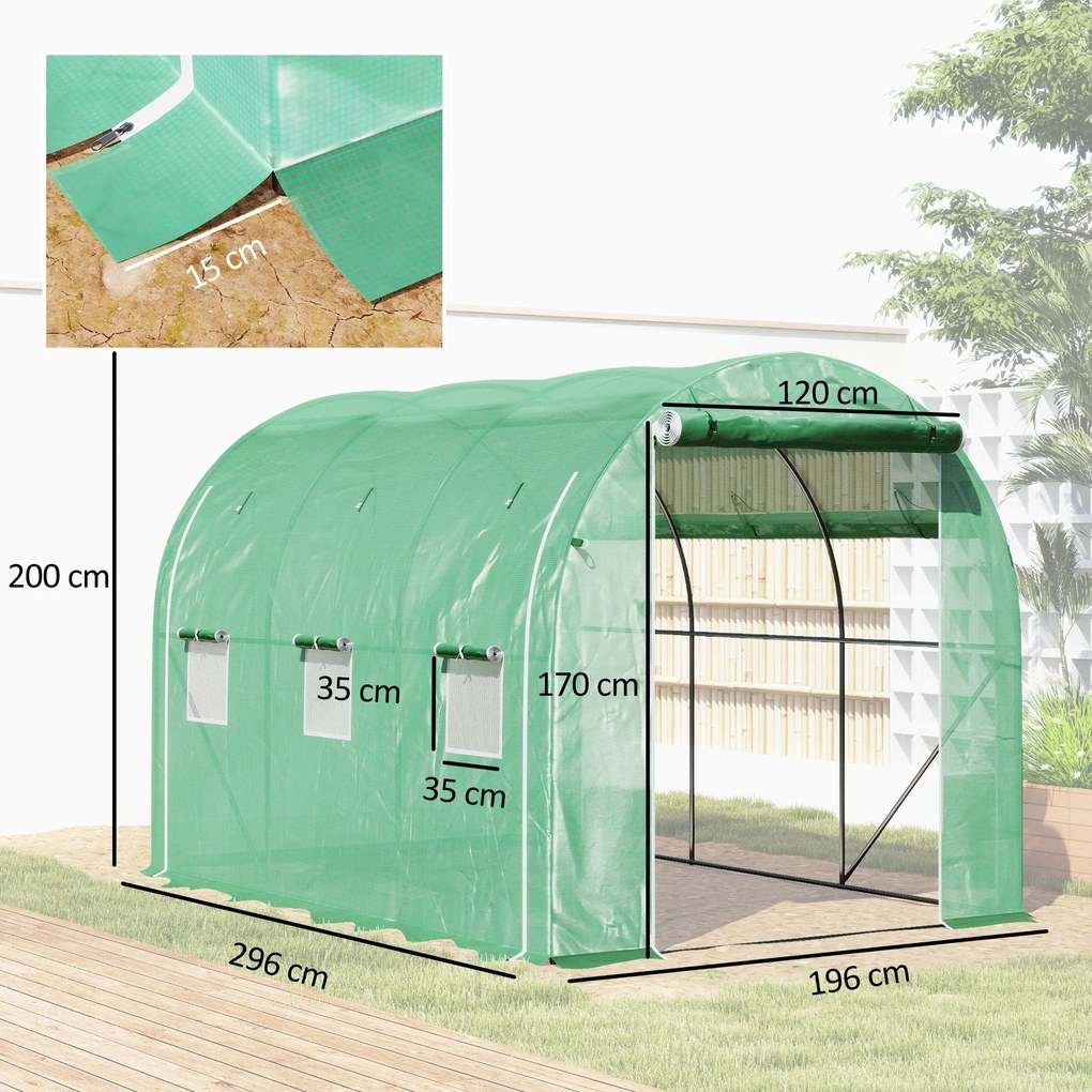 Zahradní skleník Outsunny 6m² 3 x 2m s 1 dveřmi + 2 rolovacími zipovými postranními panely, 6 okny, pozinkovaná ocel, vysoká hustota 140 g/m² Anti-UV…