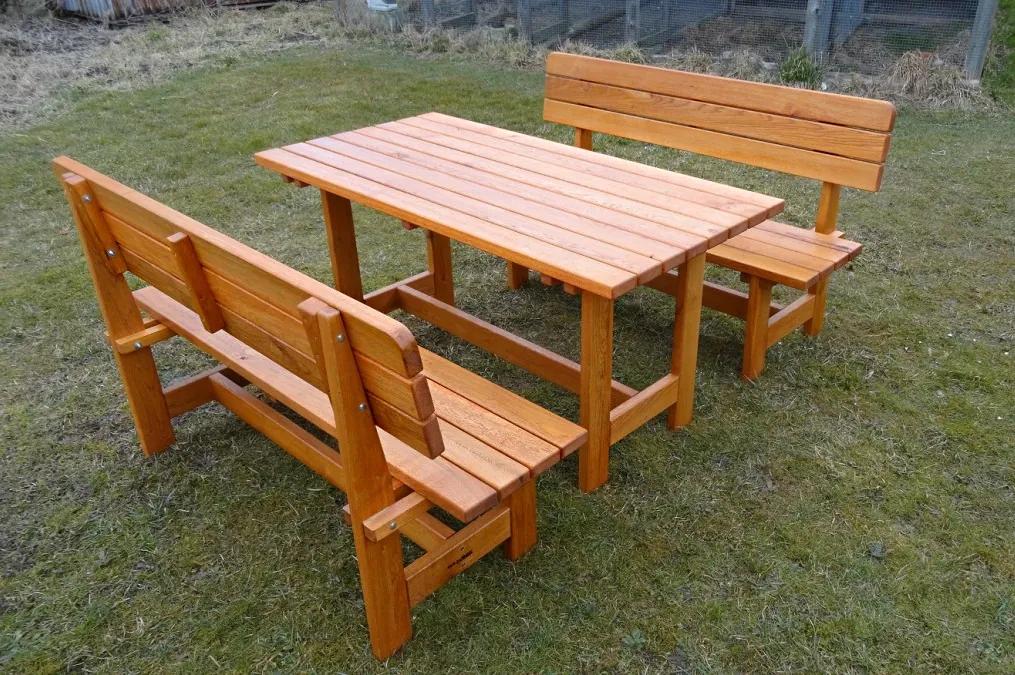 KULHÁNEK Zahradní dubová sestava - stůl, 2x lavice s opěradlem (klasické provedení) Délka: 180 cm, Odstín nátěru: lazura - pinia