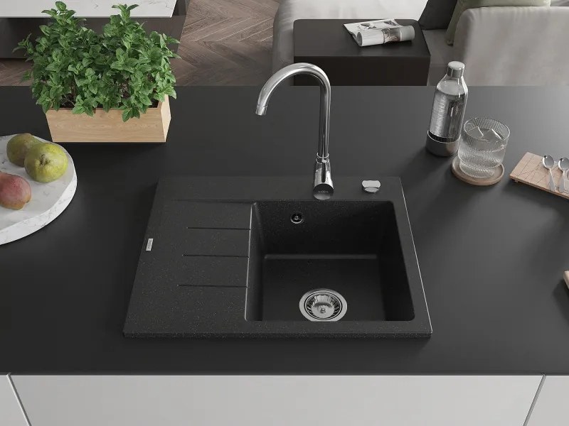 Mexen Ben, 1-komorový granitový dřez 600x500x190 mm, pravý + chromový sifon, černá-stříbrná metalíza, 6523605000-73