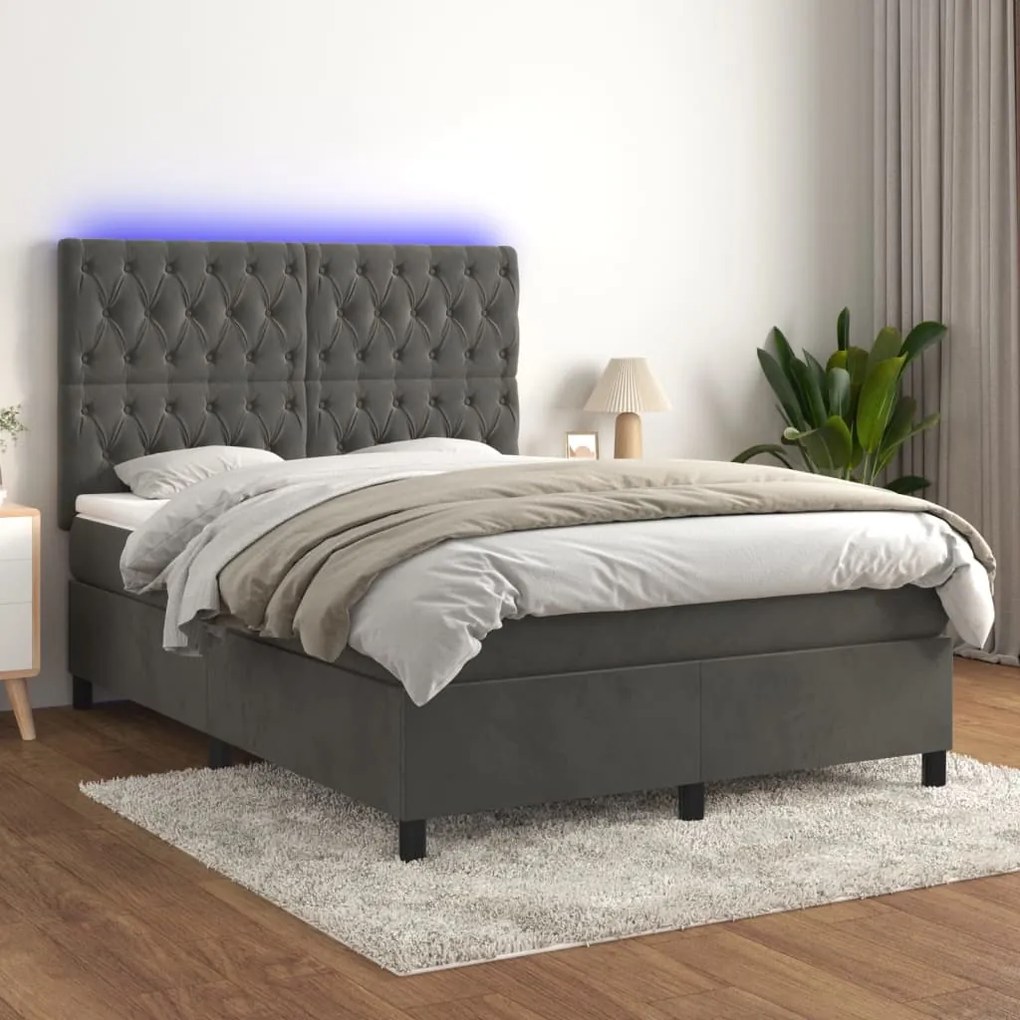 Box spring postel s matrací a LED tmavě šedá 140x200 cm samet