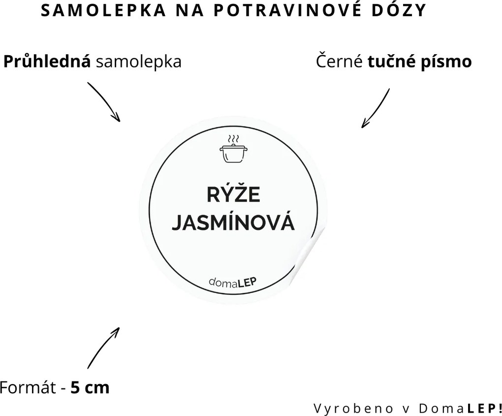 RÝŽE JASMÍNOVÁ - omyvatelná samolepka na dózu, výběr rozměrů Ø 5 cm / 5 x 5 cm / 6 x 8 cm | DomaLEP tvar: ČTVEREC, barva: PRŮHLEDNÁ - ČERNÉ písmo, velikost: š. 5 cm x v. 5 cm - tučné písmo