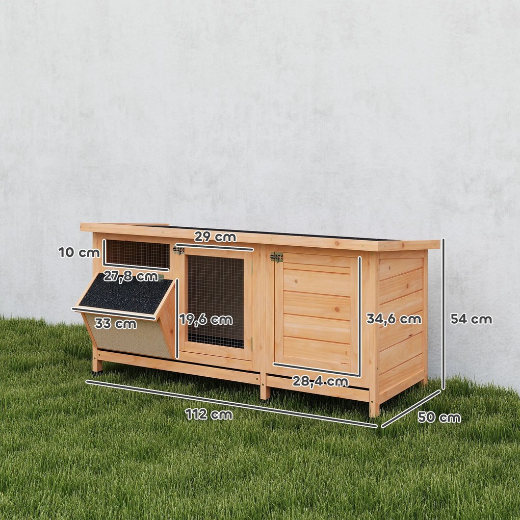Klec pro malé zvířata PawHut s podnosem a asfaltovou střechou, venkovní i vnitřní, z jedlového dřeva, Přirodní+Černá 112 x 50 x 54 cm