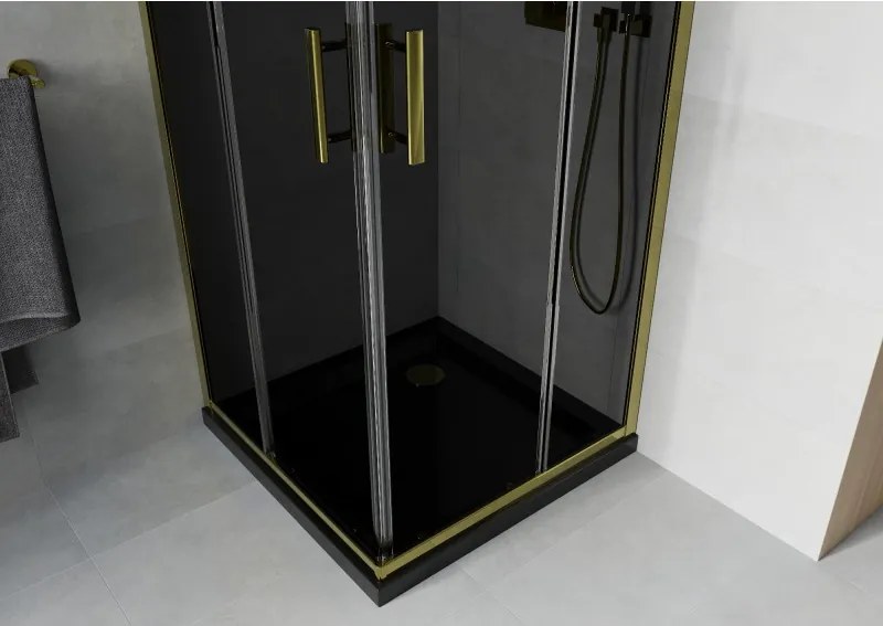 Mexen Rio, čtvercový sprchový kout s posuvnými dveřmi 90 (dveře) x 90 (dveře) x 190 cm, 5mm šedé sklo, zlatý profil + černá sprchová vanička SLIM, 860-090-090-50-40-4070G