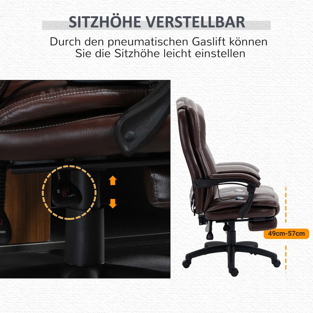 Kožená kancelářská židle Vinsetto s masážní funkcí a funkcí polohování, ergonomická kancelářská židle s podnožkou v hnědé barvě | Aosom.de