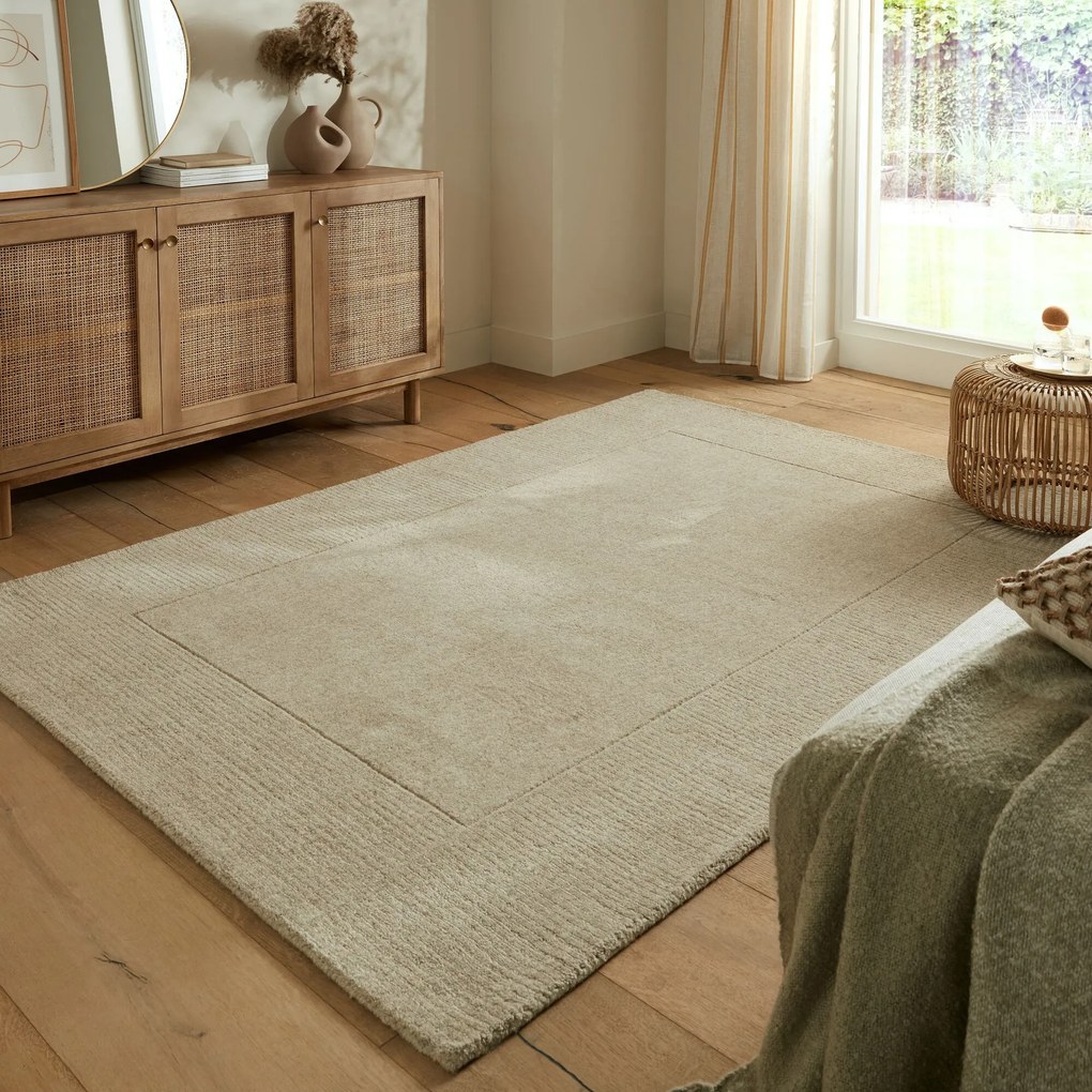 Flair Rugs, Kusový ručně tkaný koberec Tuscany Textured Wool Border Natural, 120x170, béžová, ložnice