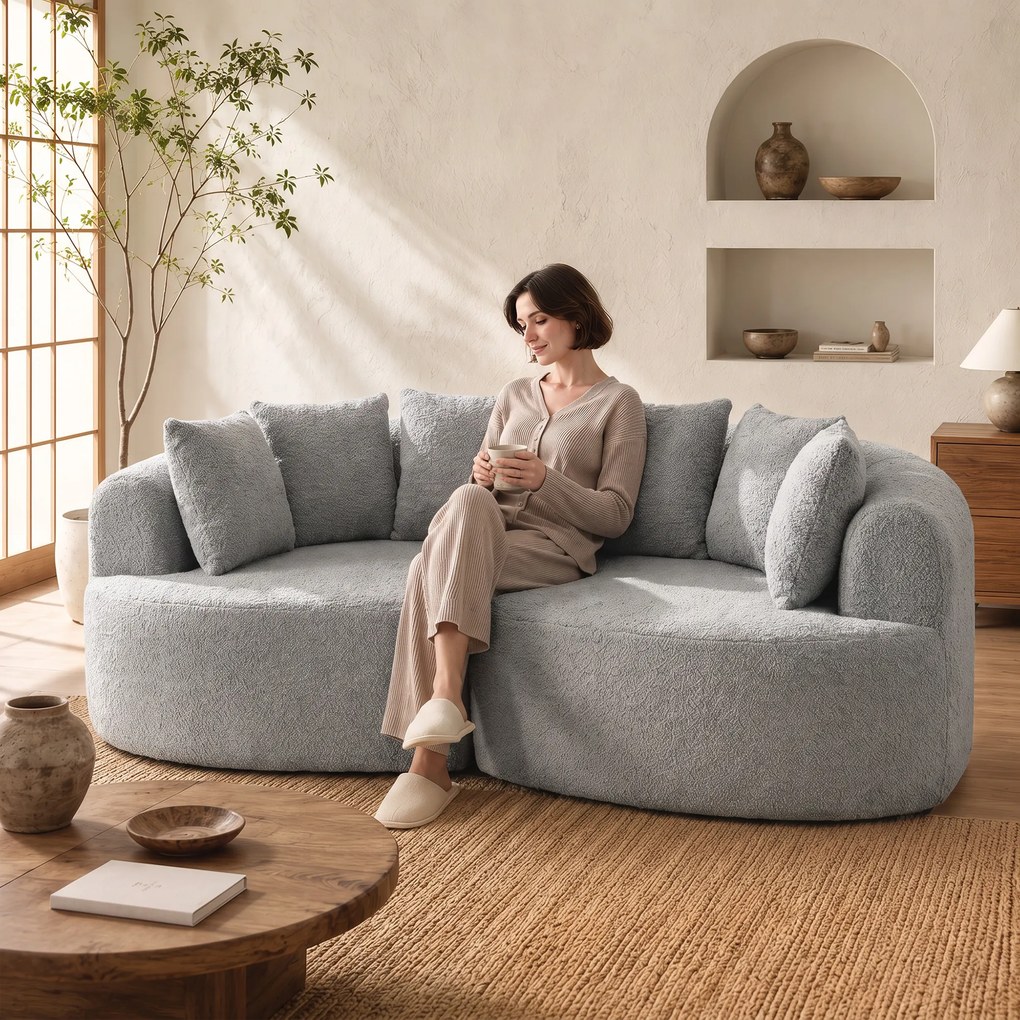 HOMCOM 3místná pohovka bez rámu s hlubokým sedákem, 6 polštářů, zakřivený design, chenille, světle šedá