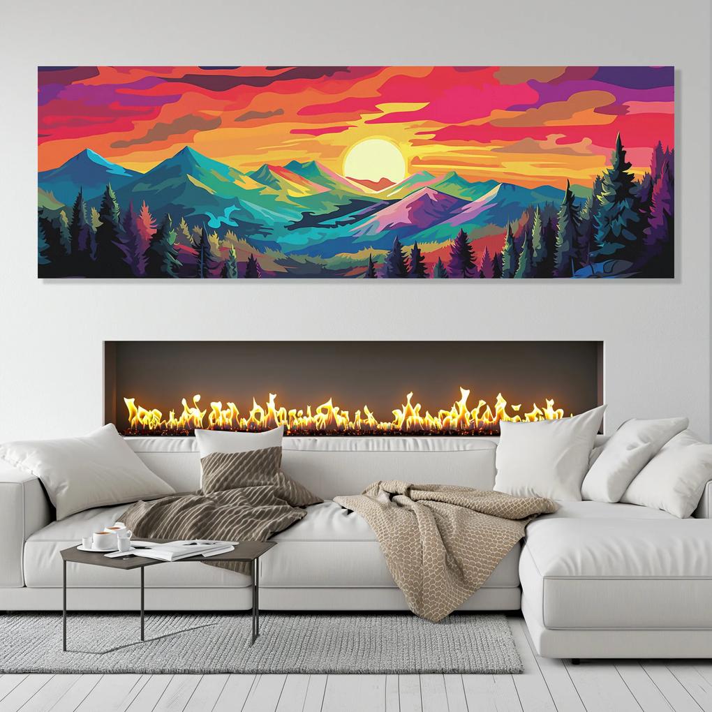 Obraz na plátně - Západ slunce nad horami Pop Art FeelHappy.cz Velikost obrazu: 90 x 30 cm