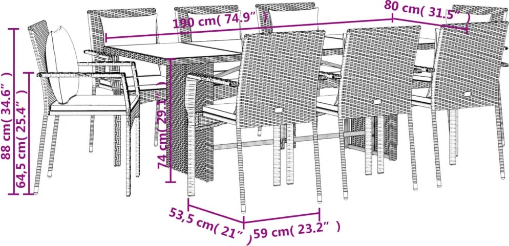 9dílný zahradní jídelní set s poduškami černý polyratan 3213499