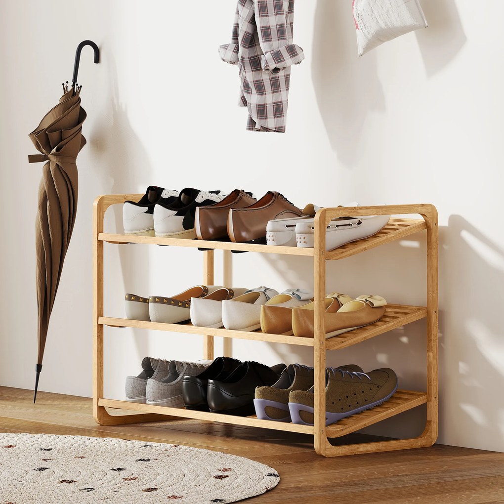 HOMCOM 3-patrový botník z bambusu pro 12 párů bot - Organizér do vstupní haly 76x33x50,8 cm Přírodní