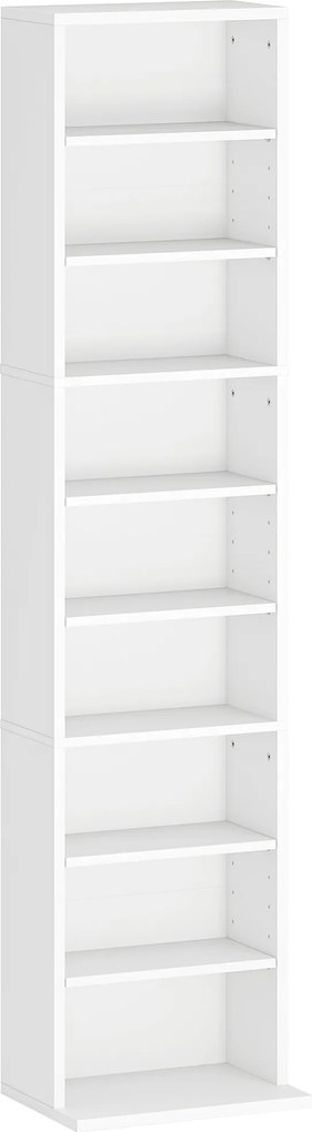 HOMCOM CD a DVD regál s 9 přihrádkami, úzký s nastavitelými policemi pro obývací pokoj a kancelář 33x24x140 cm Bílý