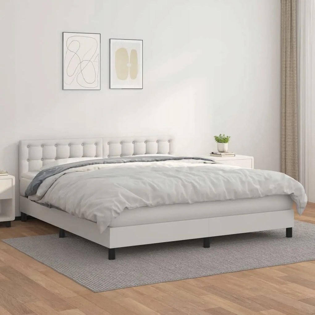 Box Spring Postel S Matrací Umělá Kůže Bílá tlačítka 180 x 200 cm