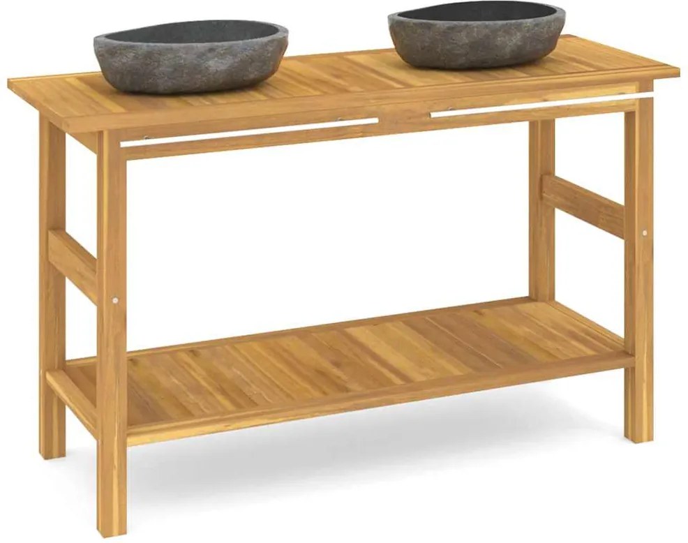 Koupelnová skříňka s umyvadly z říčního kamene masivní teak 3096583