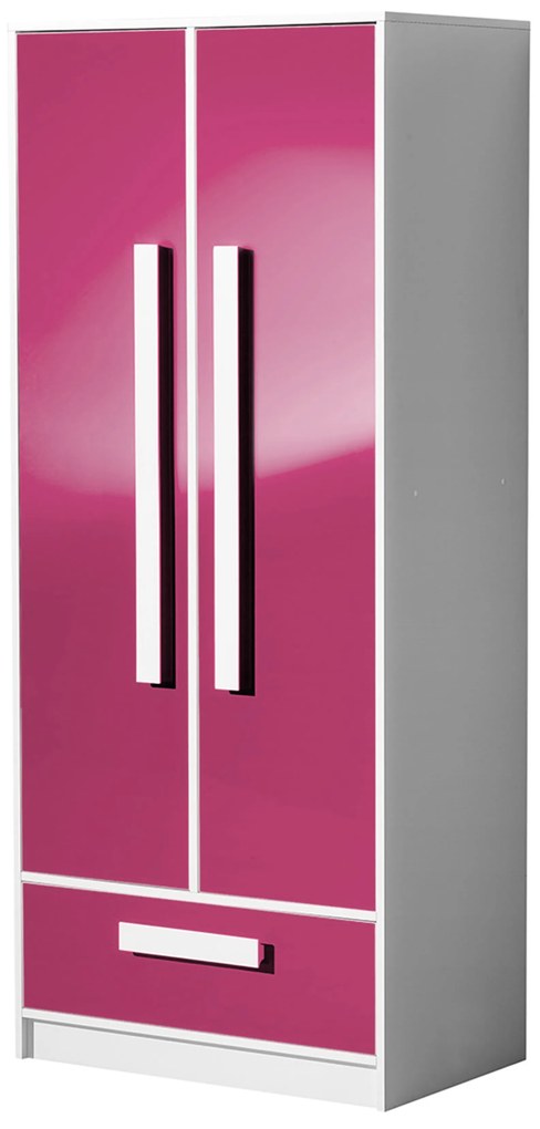 Šatní skříň GULIVER 1 Domel 80/191/50 barva: bílý mat/růžový lesk/šedé úchyty