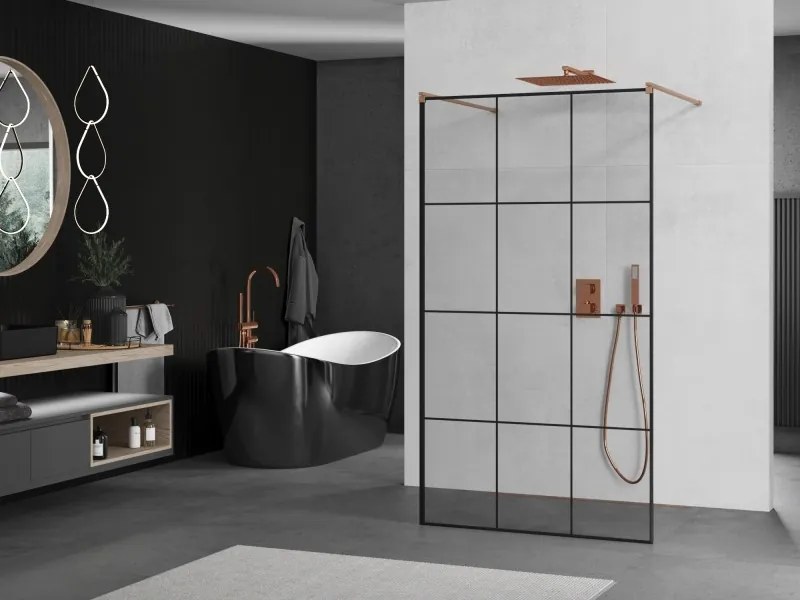 Mexen Kioto, sprchová zástěna Walk-In 100 x 200 cm, 8mm sklo černý vzor, měděný matný profil, 800-100-002-65-77