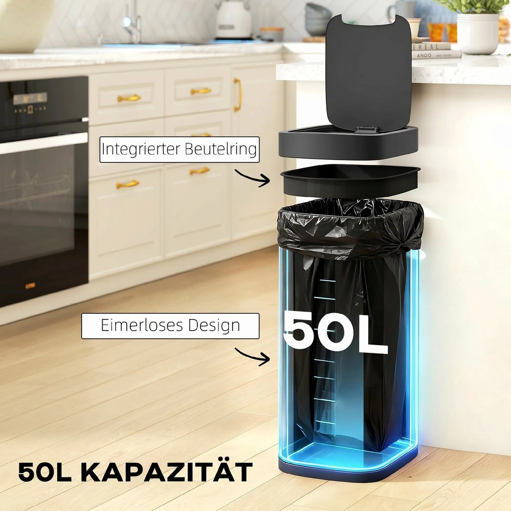 HOMCOM 50 l bezdotykový senzorový odpadkový koš – pohybové ovládání, odolný proti otiskům, černý