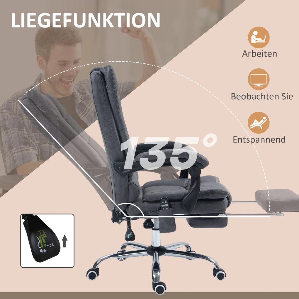 Masážní kancelářská židle Vinsetto s funkcí vyhřívání, náklon 135°, výškově nastavitelná, do 120 kg, ergonomická, černá | Aosom.de