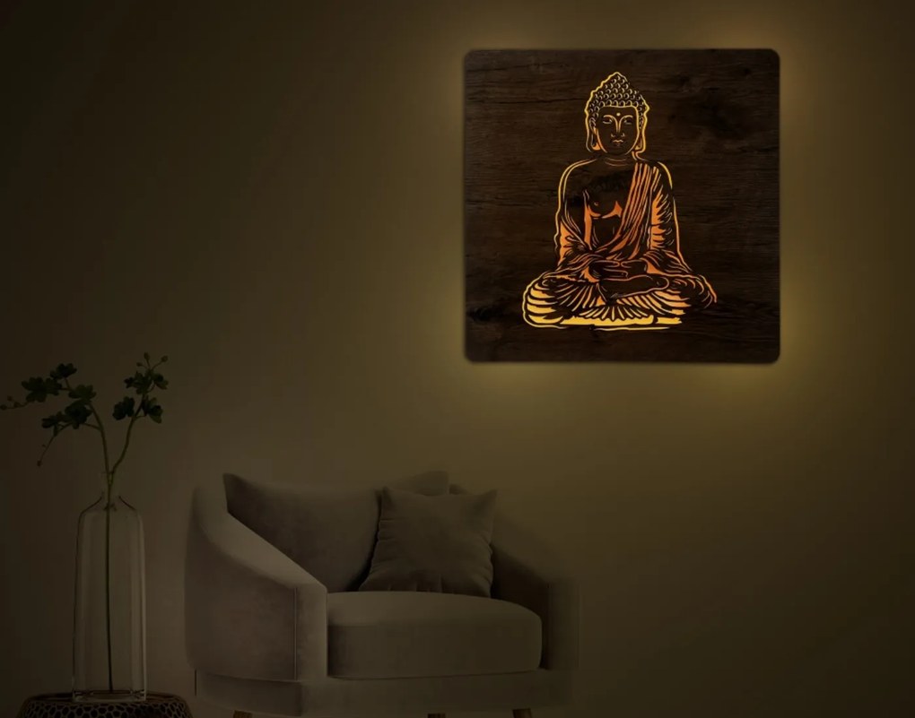 Li-Go "Buddha" světelný obraz s baterií 62x62cm varianta: ovládání na obraze bez dálkového ovladače, provedení: dub