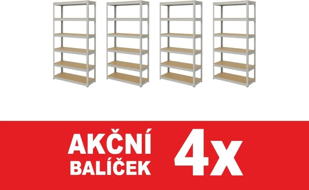 Akce 4x Regál 220x120x40 cm zinkovaný 6-policový, nosnost 1050 kg